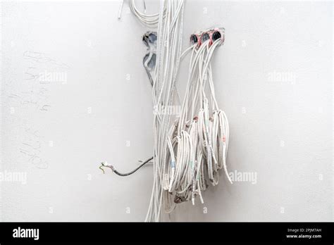 Bundle Of Wire In The Wall To Connect The Smart Home Preparation For The Internet Sound System
