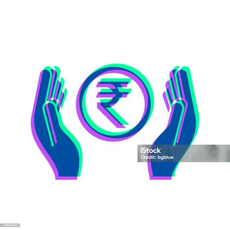 손 사이에 인도 루피 동전 흰색 배경에 두 가지 색상이 오버레이된 아이콘 3차원 형태에 대한 스톡 벡터 아트 및 기타 이미지 3차원 형태 개념 경제 Istock
