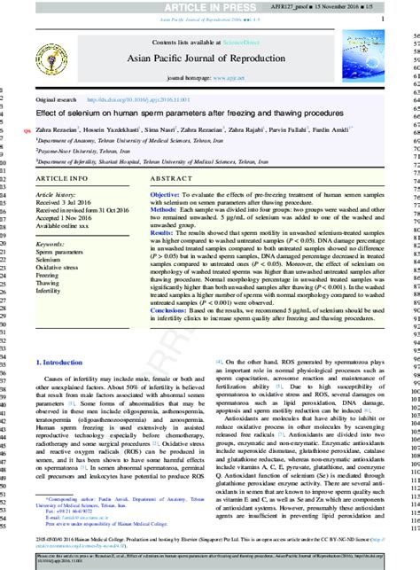Pdf Effect Of Selenium On Human Sperm Parameters After Freezing And
