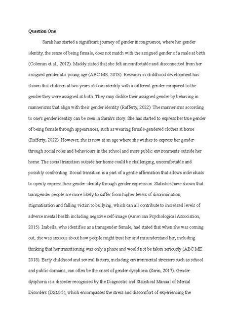 Gender Diversity Assessment Question One Sarah Has Started A Significant Journey Of Gender