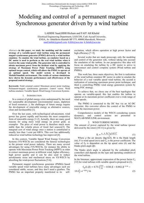 Pdf Modeling And Control Of A Permanent Magnet Synchronous Generator Driven By A Wind Turbine