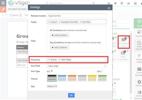 group and sort related records by fields in document designer for vtiger