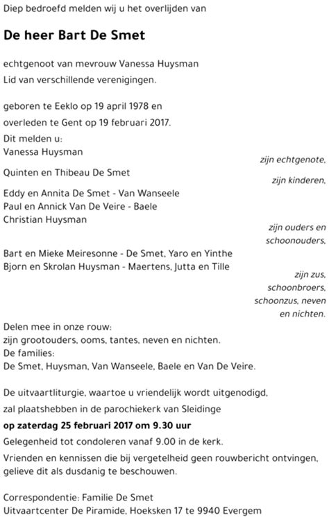 Bart De Smet † 19022017 Inmemoriam
