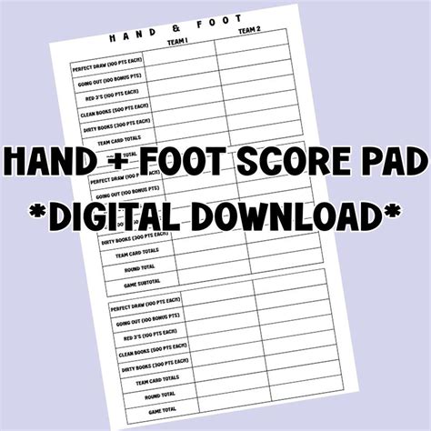 Hand And Foot Score Sheet Digital Download Etsy