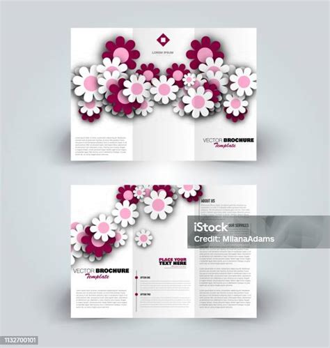 브로셔 디자인 크리에이 티브 트라이 폴드 템플릿 기하학적 꽃 배경 리플 렛 레이아웃입니다 핑크 색상 벡터 일러스트입니다 3단 브로슈어에 대한 스톡 벡터 아트 및 기타 이미지