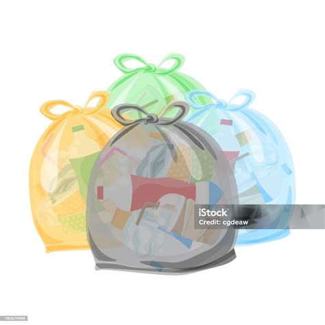 플라스틱 폐기물은 폐기물 분리 격리 흰색 사각형 배경 그림 비닐 쓰레기통 폐기물 클립 아트 비닐 봉지 투명 평면 그래픽을위한 투명 비닐 봉지에 포장 가방에 대한 스톡 벡터