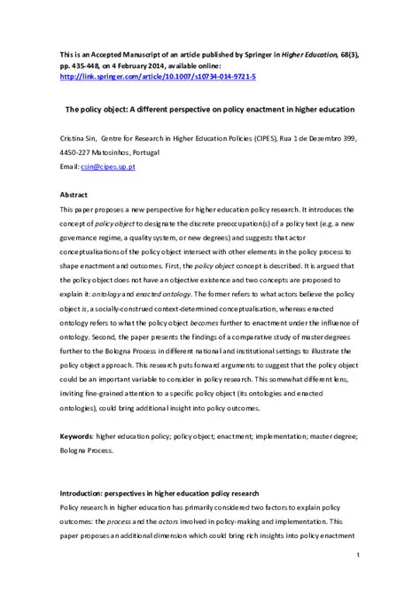 Pdf The Policy Object A Different Perspective On Policy Enactment In Higher Education