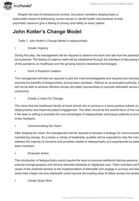 Telepsychiatry Use Of The Donabedian Model 1952 Words Essay Example