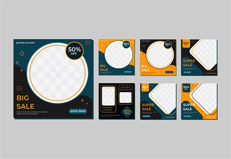 편집 가능한 사각형 배너 템플릿 집합입니다 어두운 프레임 모양의 주황색 검은색 및 녹색 배경 색 소셜 미디어 게시물 및 광고 음식 패션 등에 적합 형판에 대한 스톡 벡터