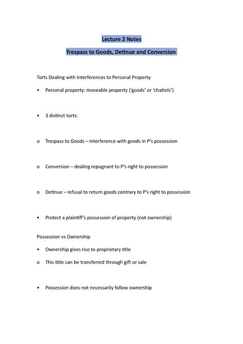 Torts Lecture Notes Week Lecture Notes Trespass To Goods Detinue And Conversion