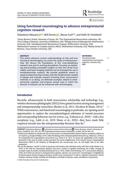 Pdf Using Functional Neuroimaging To Advance Entrepreneurial Cognition Research