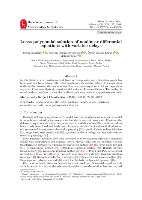 Pdf Lucas Polynomial Solution Of Nonlinear Differential Equations With Variable Delay