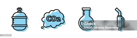 세트 라인 테스트 튜브 및 플라스크 프로판 가스 탱크 클라우드 및 가솔린 펌프 노즐 아이콘의 Co2 배출 벡터 0명에 대한 스톡 벡터 아트 및 기타 이미지 Istock