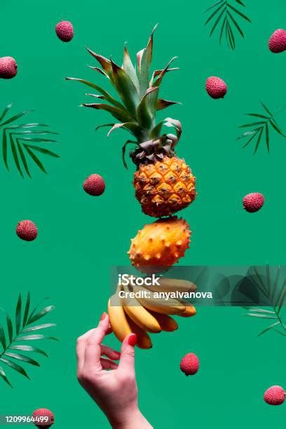 열대 과일의 구색 녹색 배경에 O 인간의 손을 균형 피라미드 파인애플 키와노 키위 가이와 바나나 이국적인 과일로 만든 타워 0명에 대한 스톡 사진 및 기타 이미지 Istock