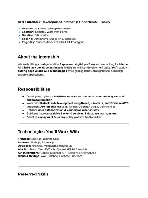 Ai And Full Stack Internship At Taskly Pdf
