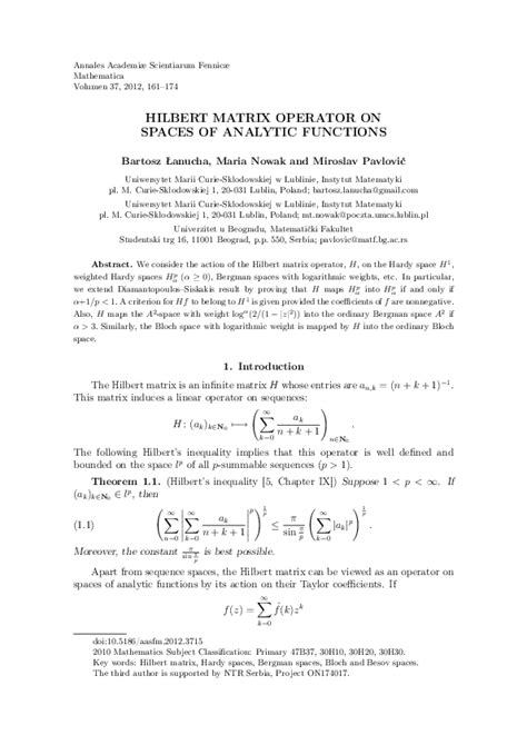 Pdf Hilbert Matrix Operator On Spaces Of Analytic Functions