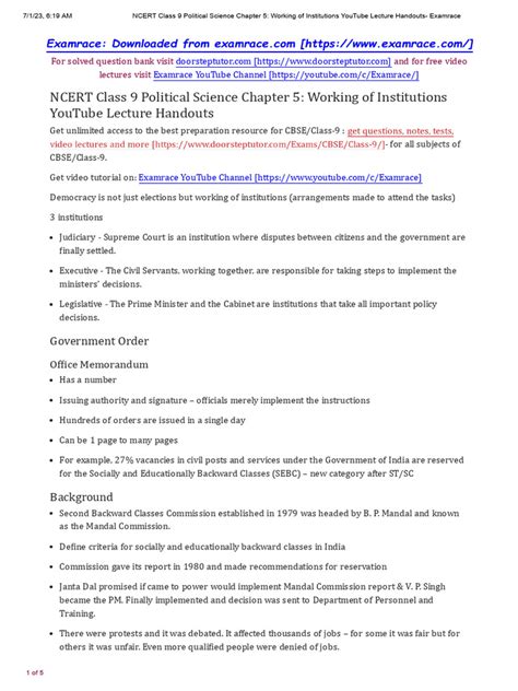 Ncert Class 9 Political Science Chapter 5 Youtube Lecture Handouts