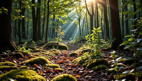 A Calm Woodland Path Carpeted With Moss And Fallen Leaves Stock