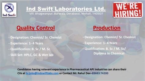Ind Swift Laboratories Ltd Urgent Openings For Quality Control Production Apply Now