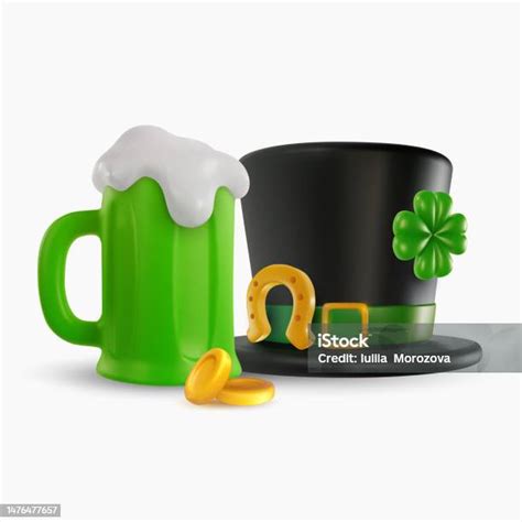 성 패트릭의 날 축제 구성 금 말굽 녹색 맥주 모자 클로버 흰색에 돈 현실적인 최소 스타일의 3d 만화 생생한 그림 밝은 현대 벡터 그래픽 개념 예술입니다 0명에 대한 스톡