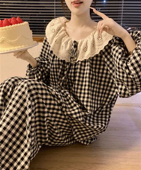 라리리 봄신상 당일출고 러블리 체크레이스 긴팔 파자마 잠옷 상하세트 홈웨어 3164