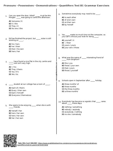 497 Pronouns Possessives Demonstratives Quantifiers Test B1 Grammar Exercises Englishtestsonline