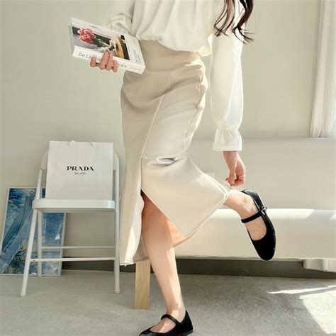 주문폭주🎉 Feminine 로미에 슬릿 롱스커트 핀턱 트임 주름 플리츠 플레어 H라인 A라인 트위드 청치마 머메이드