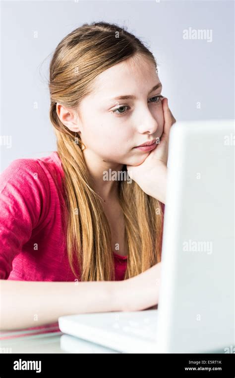 Year Old Teenage Girl Using Laptop Computer Stock Photo Alamy