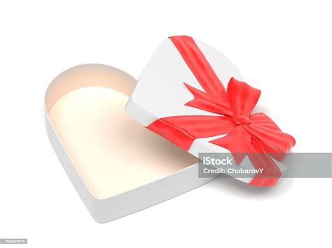 심장 모양에 흰색 선물 상자입니다 빈 컨테이너 오픈 장식 레드 리본 활 3d 렌더링 그림 3차원 형태에 대한 스톡 사진 및 기타 이미지 Istock