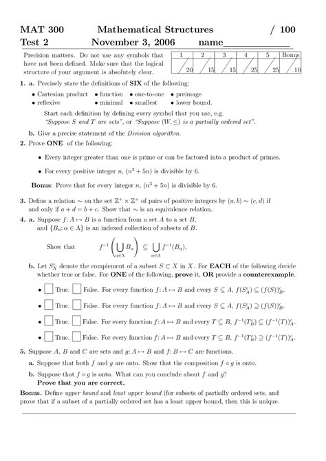 Test 2 Practice Questions Mathematical Structures Mat 300 Exams