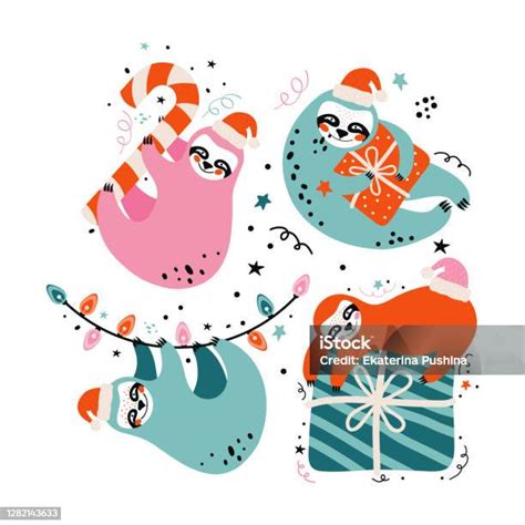 선물 과자 및 축제 요소와 산타 클로스 의상에 귀여운 게으른 나무늘보를 설정합니다 메리 크리스마스와 새해 맞이 인사말 카드 만화 캐릭터 재미 곰 휴일 벡터 일러스트레이션