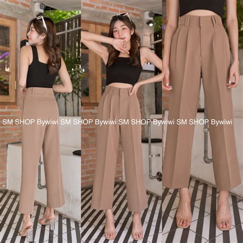 รุ่น Aaกางเกงขากระบอกใหญ่สุดฮิต หูคู่สวยๆ ทำงาน แฟชั่น งานป้าย Smshop ผ้าไอวี่ ผ้าเปเป้ S 2xl