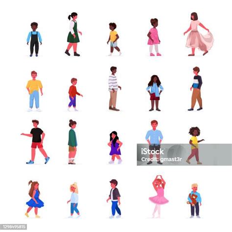 세트 믹스 레이스 여자 소년 귀여운 어린이 컬렉션 여성 남성 만화 캐릭터 전체 길이 아이에 대한 스톡 벡터 아트 및 기타 이미지 아이 전신 가공의 인물 Istock