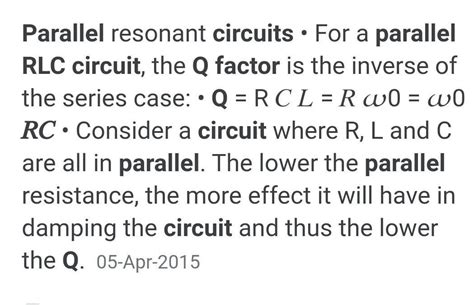 The Q Factor Of A Parallel Resonant Circuit Is Given By Circuit Diagram