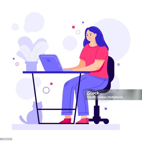 컴퓨터에서 일하는 소녀 노트북과 귀여운 고양이와 함께 책상에 앉아 있는 젊은 여자 평면 만화 스타일의 벡터 그림 타자 치기에 대한 스톡 벡터 아트 및 기타 이미지 Istock