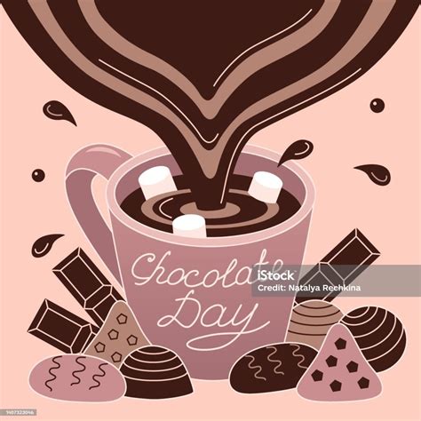 세계 초콜릿의 날 7월 11일 해피 초콜릿 데이 는 초콜릿 바 사탕 및 스플래쉬가있는 커피 또는 코코아 머그잔에 손으로 쓴 텍스트입니다 머그잔에 핫 초콜릿을 붓습니다 벡터