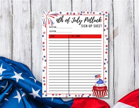 4th Of July Potluck Sign Up Sheet Printable Food List Pdf Etsy