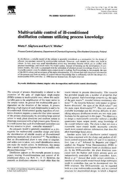 Pdf Multivariable Control Of Ill Conditioned Distillation Columns