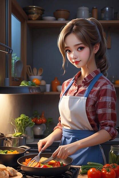 Premium Photo A Girl Cooking Dinner On The Kitchen