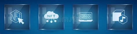 Set Nft Digital Crypto Art Cloud Binary Code And Square Glass Panels Vector Stock