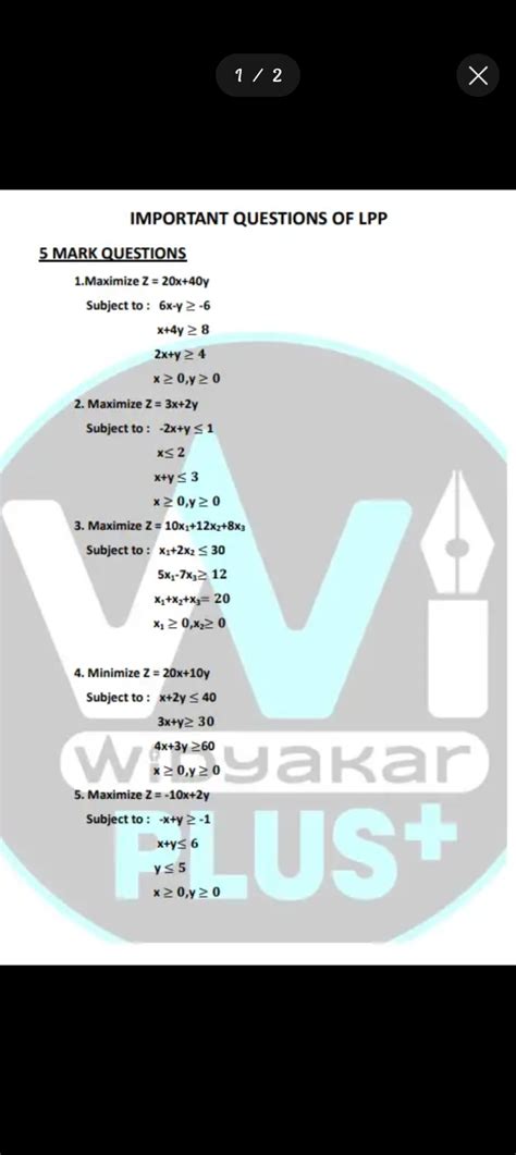 1 2important Questions Of Lpp5 Mark Questions 1 Maximize Z Subject T