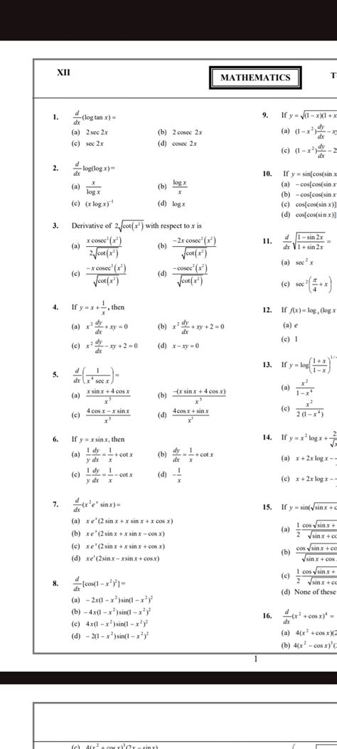 Xii Mathematics T Log Tan X Dx A 2 Sec 2x C Sec 2x B 2 Cosec 2x