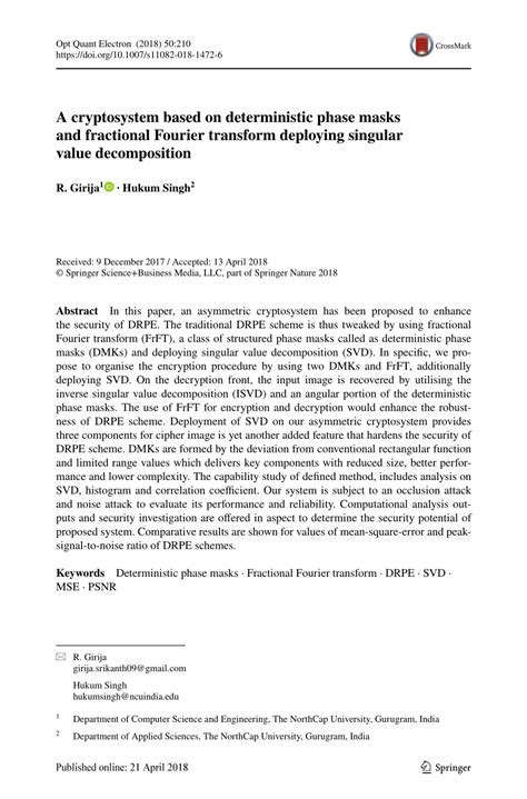 Pdf A Cryptosystem Based On Deterministic Phase Masks And Fractional