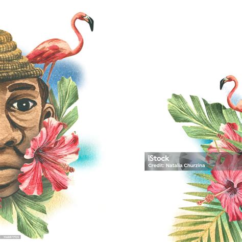 야자 잎과 히비스커스 꽃 핑크 플라밍고에 흑인의 형태로 점토 마스크 수채화 그림입니다 쿠바의 큰 세트의 구성 관광 해변의 장식과 디자인을 위해 하바나에 대한 스톡 벡터 아트