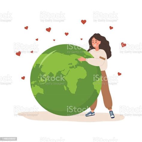 행성 개념을 저장하십시오 큰 지구 옆에 웃는 여자 국제 어머니 지구의 날 자연과 환경을 돌봅니다 평면 만화 스타일의 벡터 그림 행성에 대한 스톡 벡터 아트 및 기타 이미지