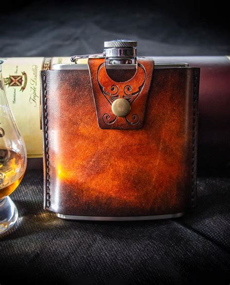 Leather Whiskey Flask Sleeve No 6 · Handmade Groomsmen T