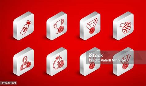 세트 라인 농구 메달 농구 손 게임 티켓 스톱워치 및 선수 아이콘과 함께 보너스 컵 벡터 3차원 형태에 대한 스톡 벡터 아트 및 기타 이미지 Istock