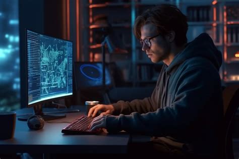 Premium Ai Image Portrait Of A Hacker In A Hoodie Using A Computer At