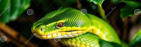 Bright Green Tree Python Resting Among Leaves In A Lush Environment