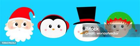 즐거운 성탄절 새 해입니다 눈사람 산타 요정 펭귄 새 얼굴 머리 아이콘 세트 라운드 귀여운 만화 재미 귀여운 아기 캐릭터입니다 인사말 카드입니다 평면 디자인 파란색 배경
